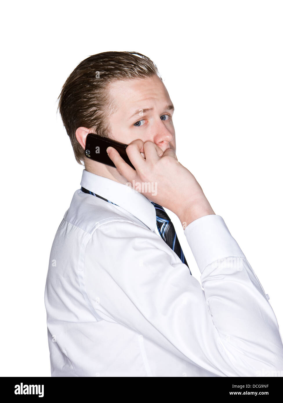 Man from behind, speaking in the phone Stock Photo - Alamy