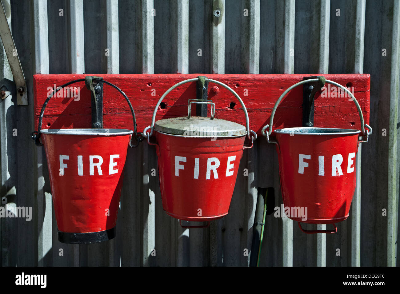Fire buckets at Dean Valley Railway Stock Photo - Alamy