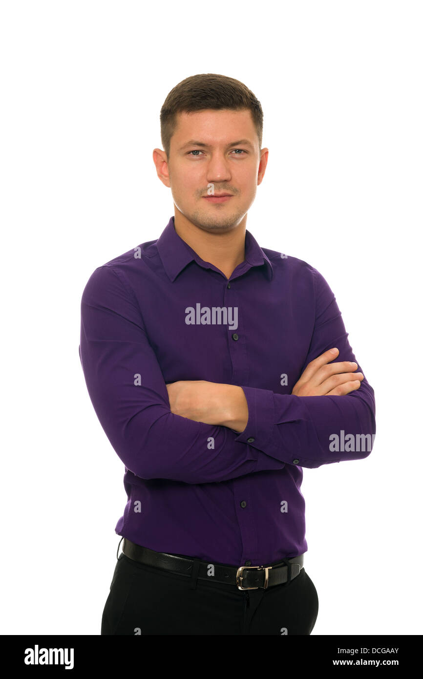 Man in violet shirt and trousers isolated on white Stock Photo - Alamy