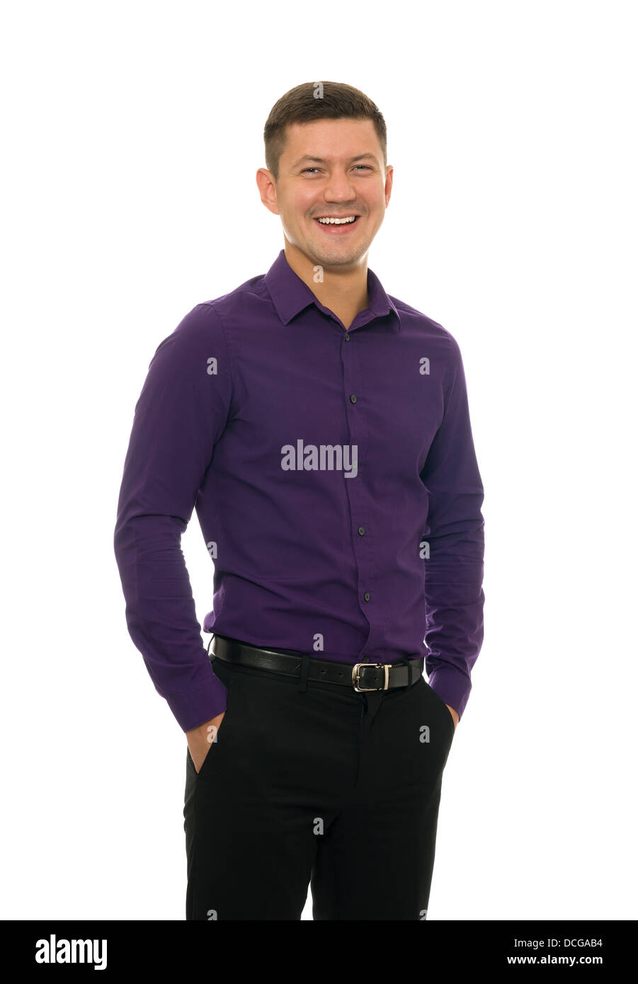 Man in violet shirt and trousers isolated on white Stock Photo - Alamy