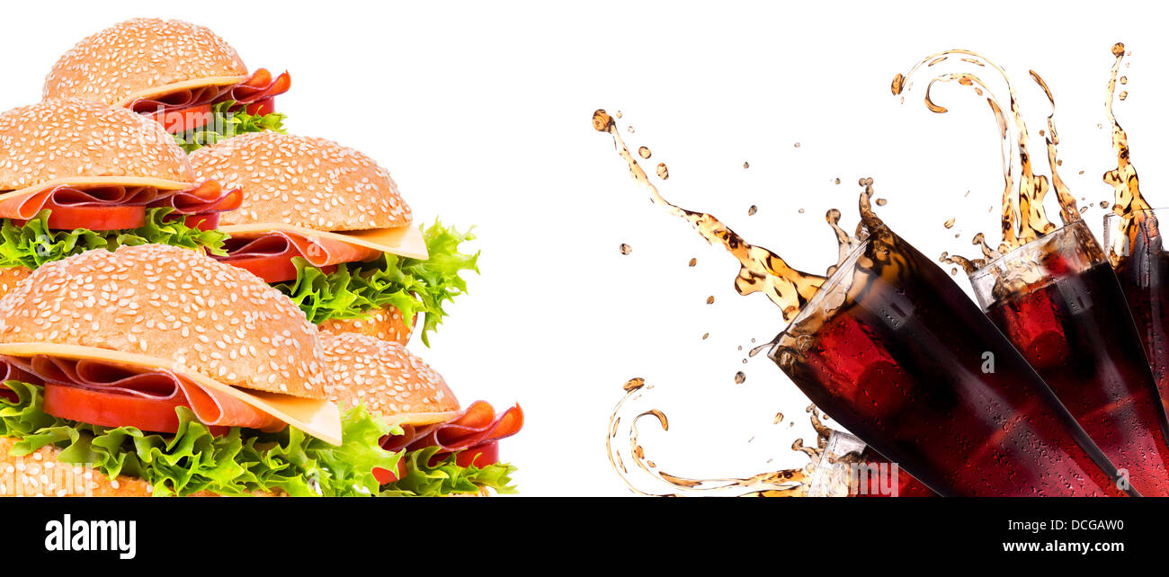 Delicious fast food with burger and cola isolated on a white background ...
