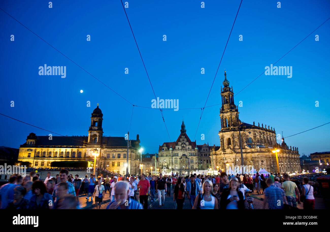 Dresden, Germany. 16th Aug, 2013. People cross the Augustus Bridge ...