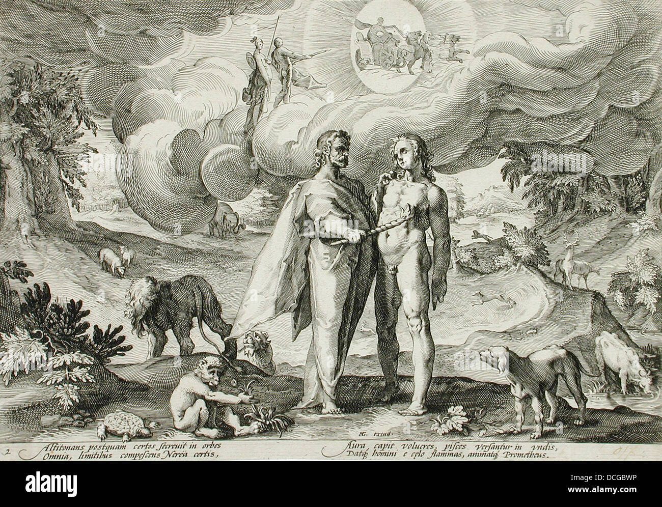 This artwork portrays the Greek myth of Prometheus creating man and ...