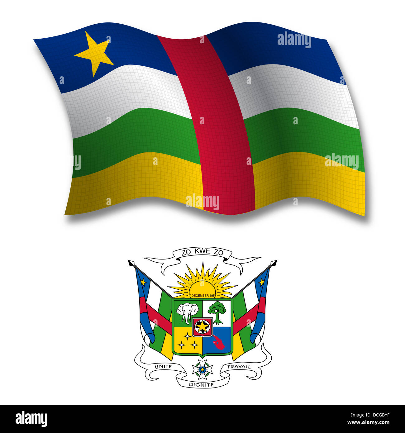 central african republic shadowed textured wavy flag and coat of arms ...