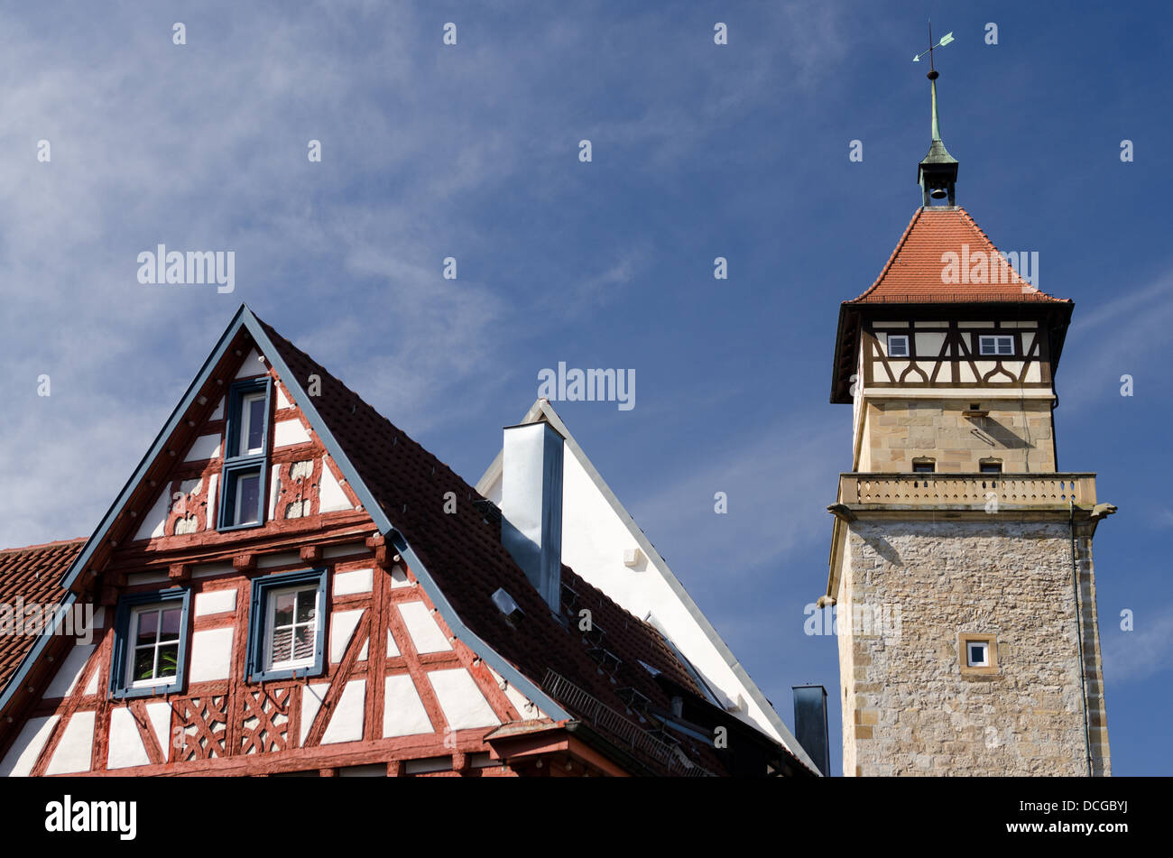 Ancient tower with half timbered house in Germany Stock Photo - Alamy