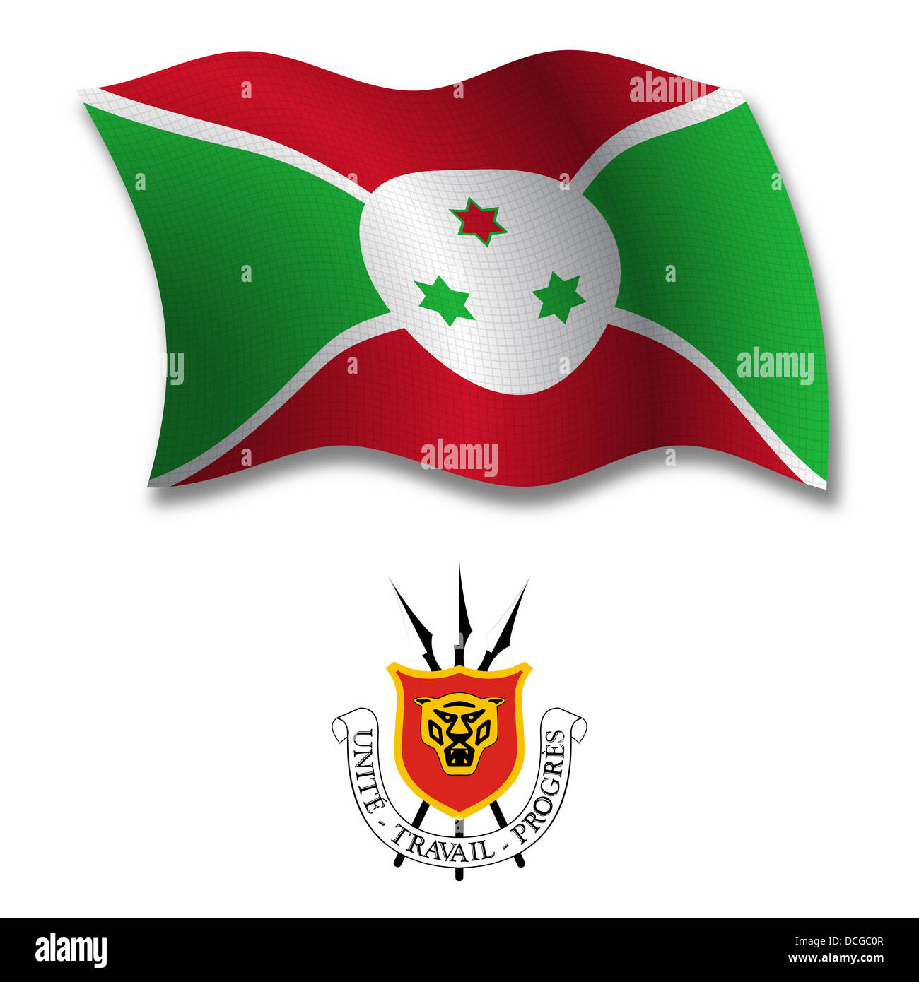 burundi shadowed textured wavy flag and coat of arms against white ...