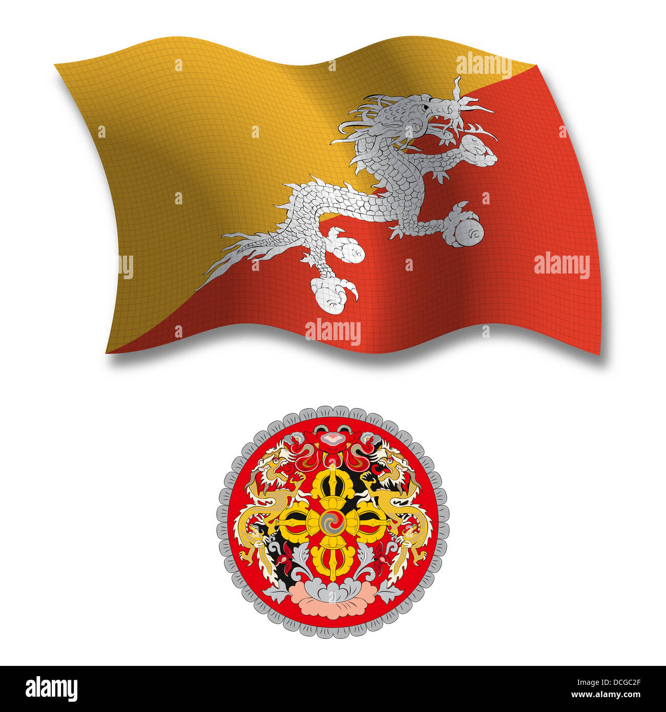 bhutan shadowed textured wavy flag and coat of arms against white ...