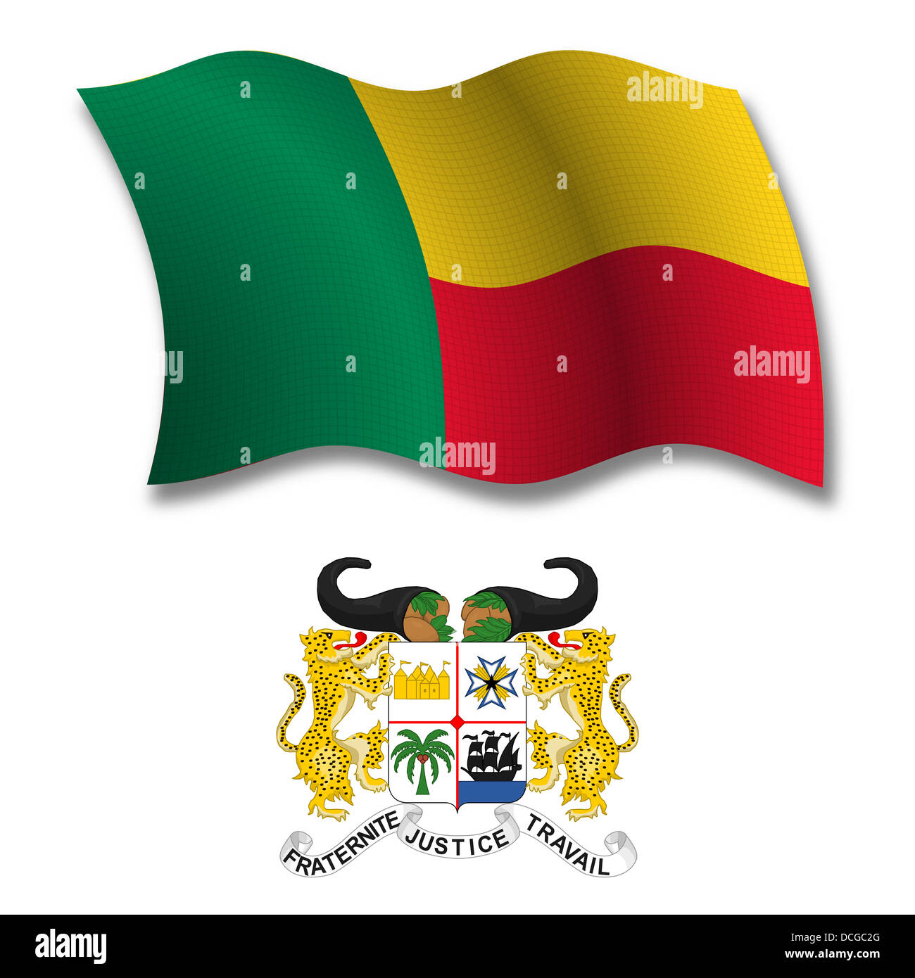 benin shadowed textured wavy flag and coat of arms against white ...