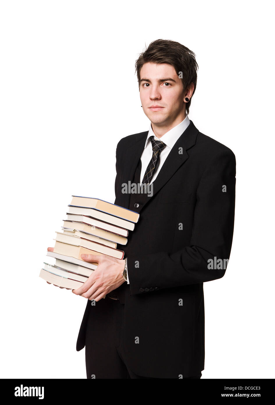 Man with a pile of books Stock Photo - Alamy