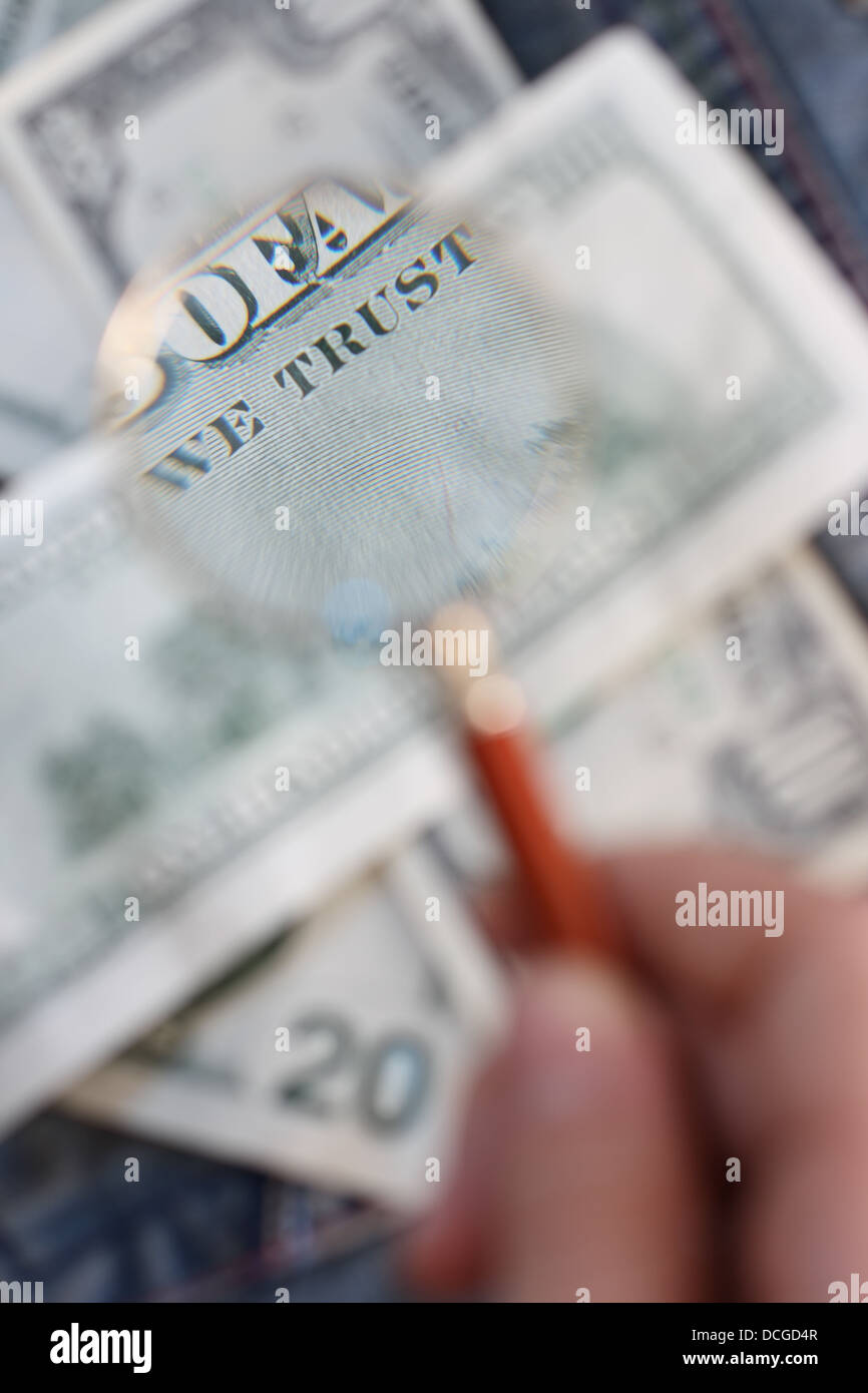 The back side of the banknote is under a magnifying glass Stock Photo ...