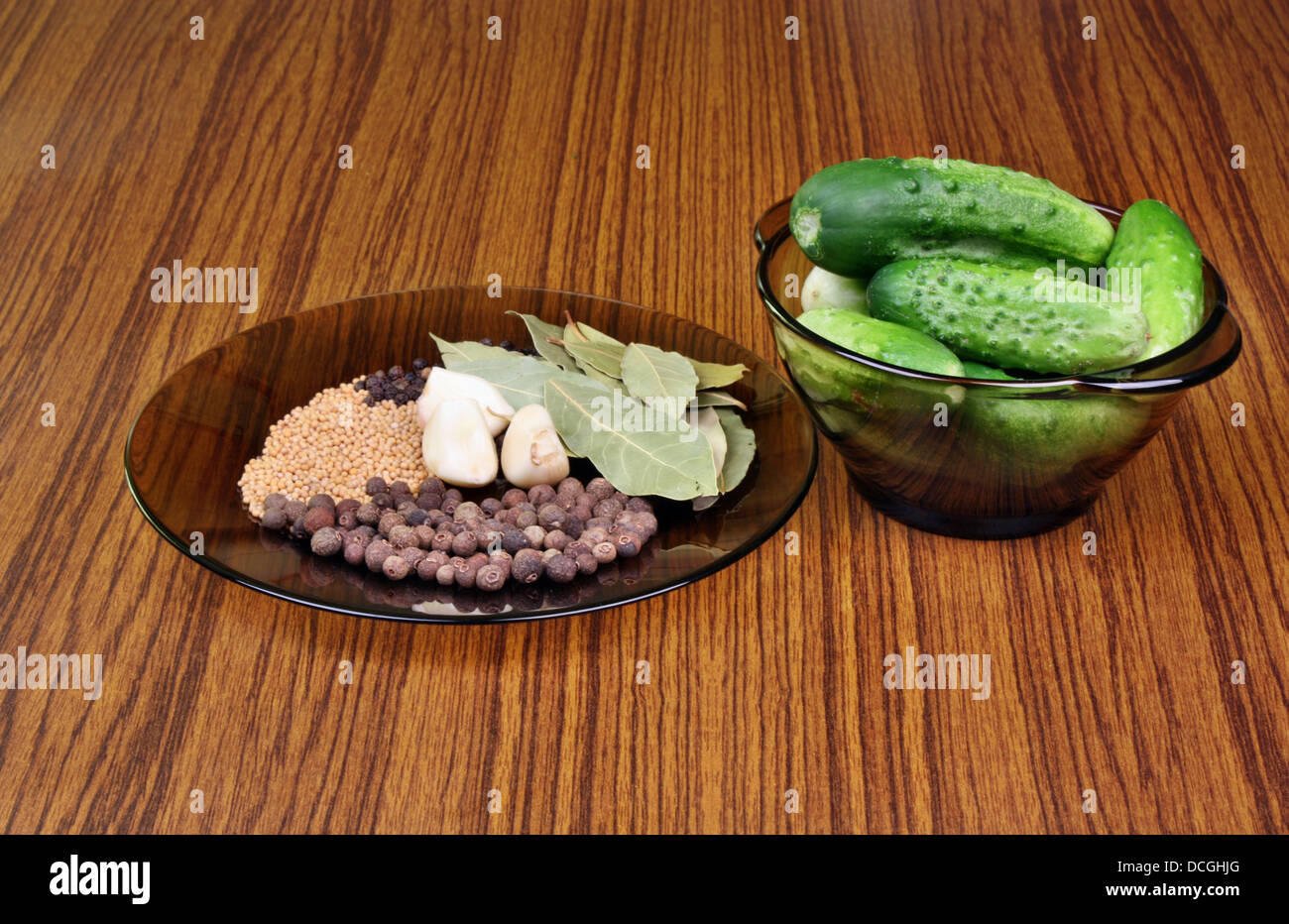 Cucumbers pickled gherkin spice allspice bay leaf mustard pepper Stock ...