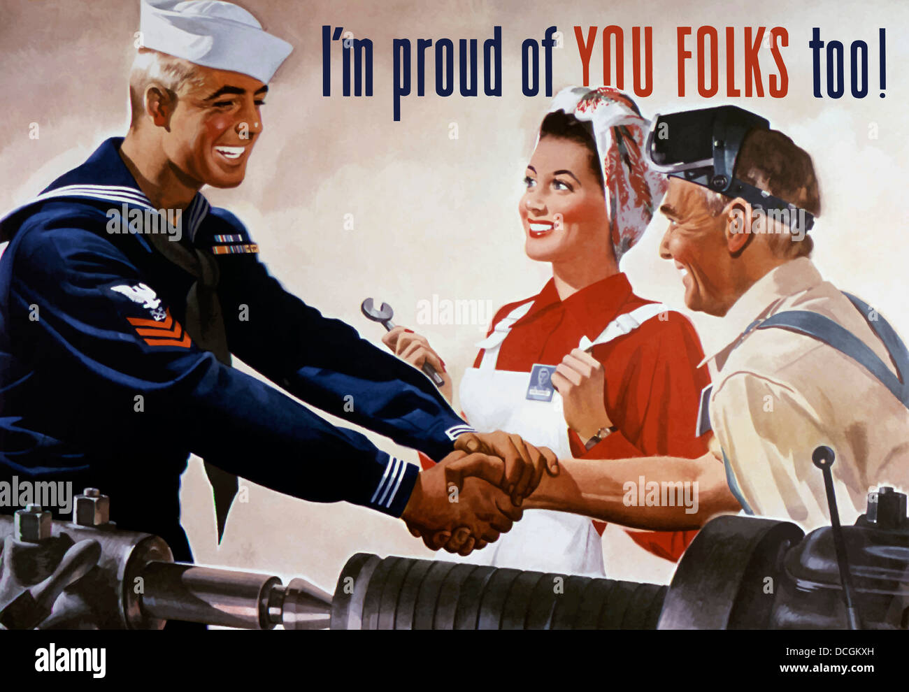 World War II poster of a sailor shaking hands with factory workers ...