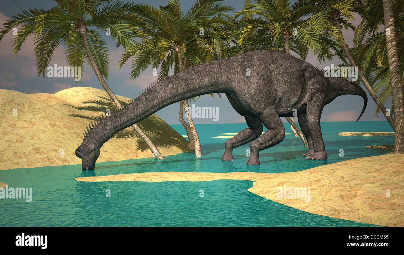 Large Brachiosaurus drinking water from a stream Stock Photo - Alamy