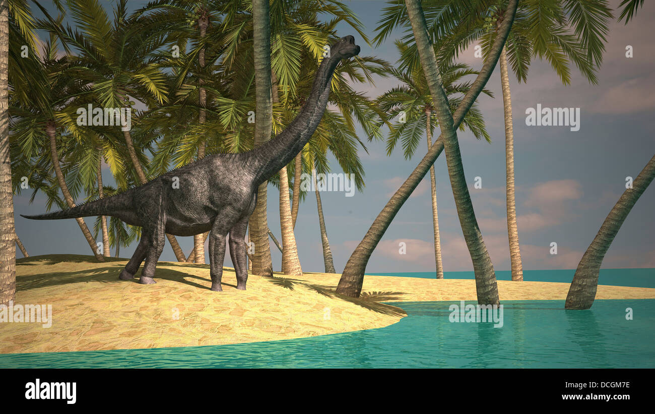 Large Brachiosaurus grazing at the water's edge Stock Photo - Alamy