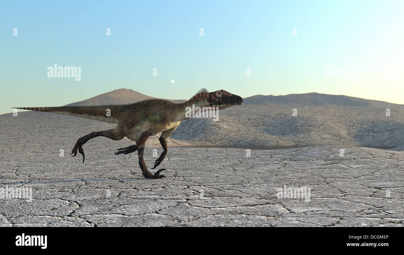 Utahraptor running across a desert landscape Stock Photo - Alamy