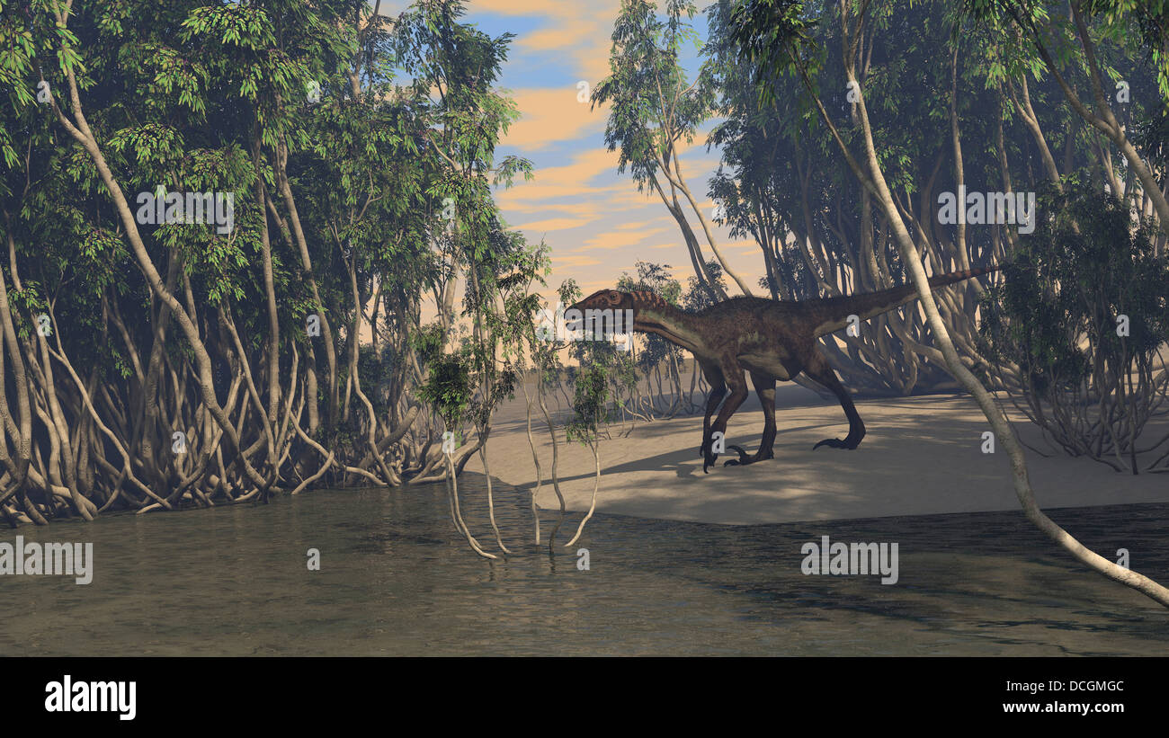 Utahraptor roaming prehistoric wetlands Stock Photo - Alamy