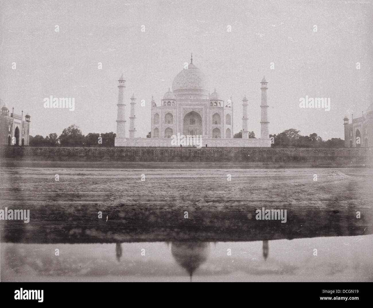 This image shows the Taj Mahal from a river view, a famous perspective ...