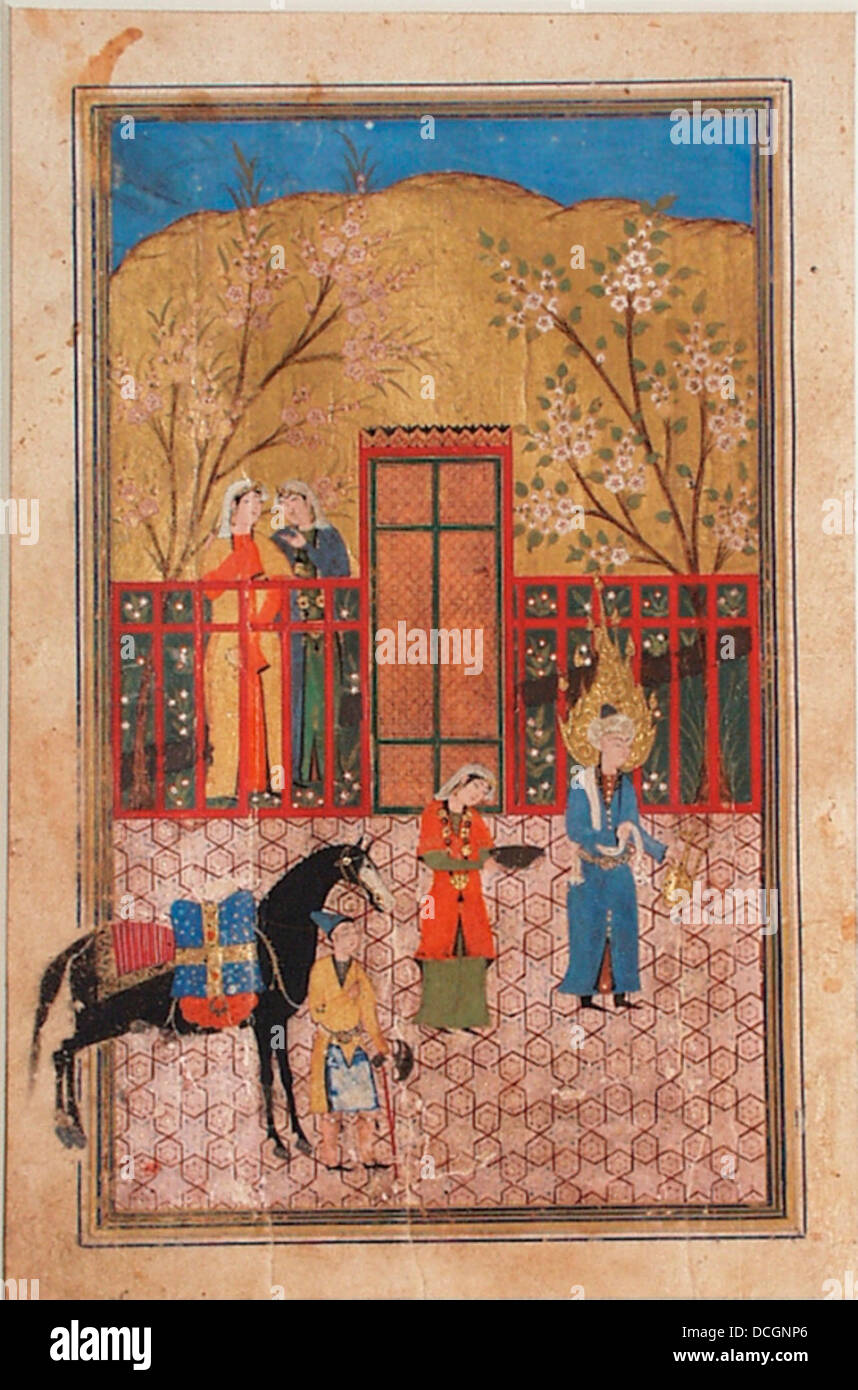 This painting depicts the arrival of Yusuf in a courtyard, a scene from ...
