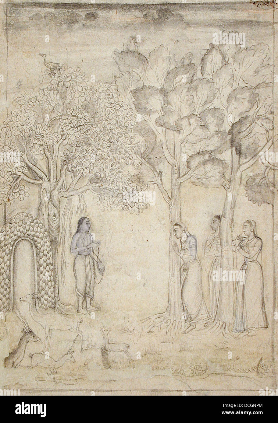 This artwork depicts the ascetic Rishyashringa at his hermitage, being ...