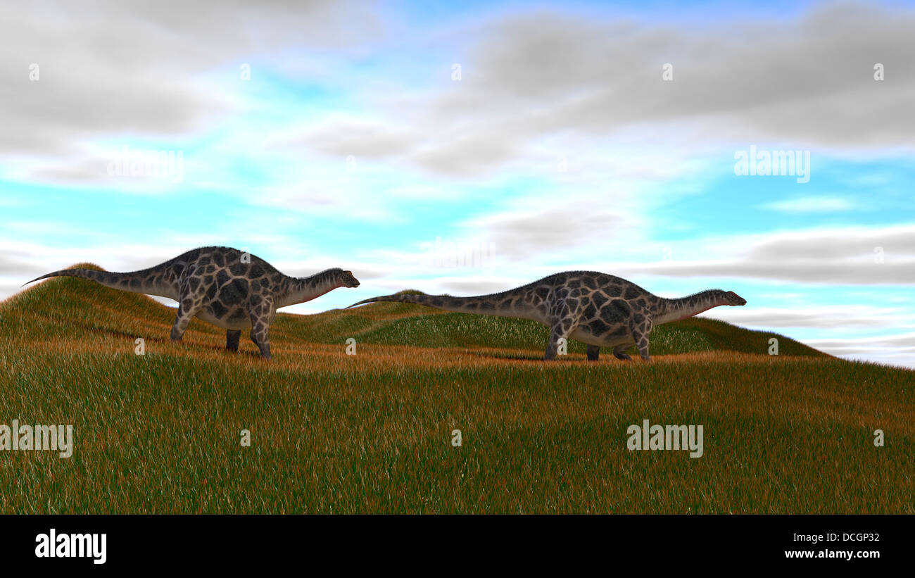 Two Dicraeosaurus walking across prehistoric grasslands Stock Photo - Alamy