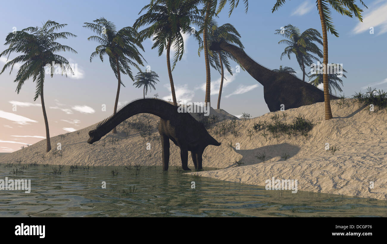 Two large Brachiosaurus grazing along the water's edge Stock Photo - Alamy