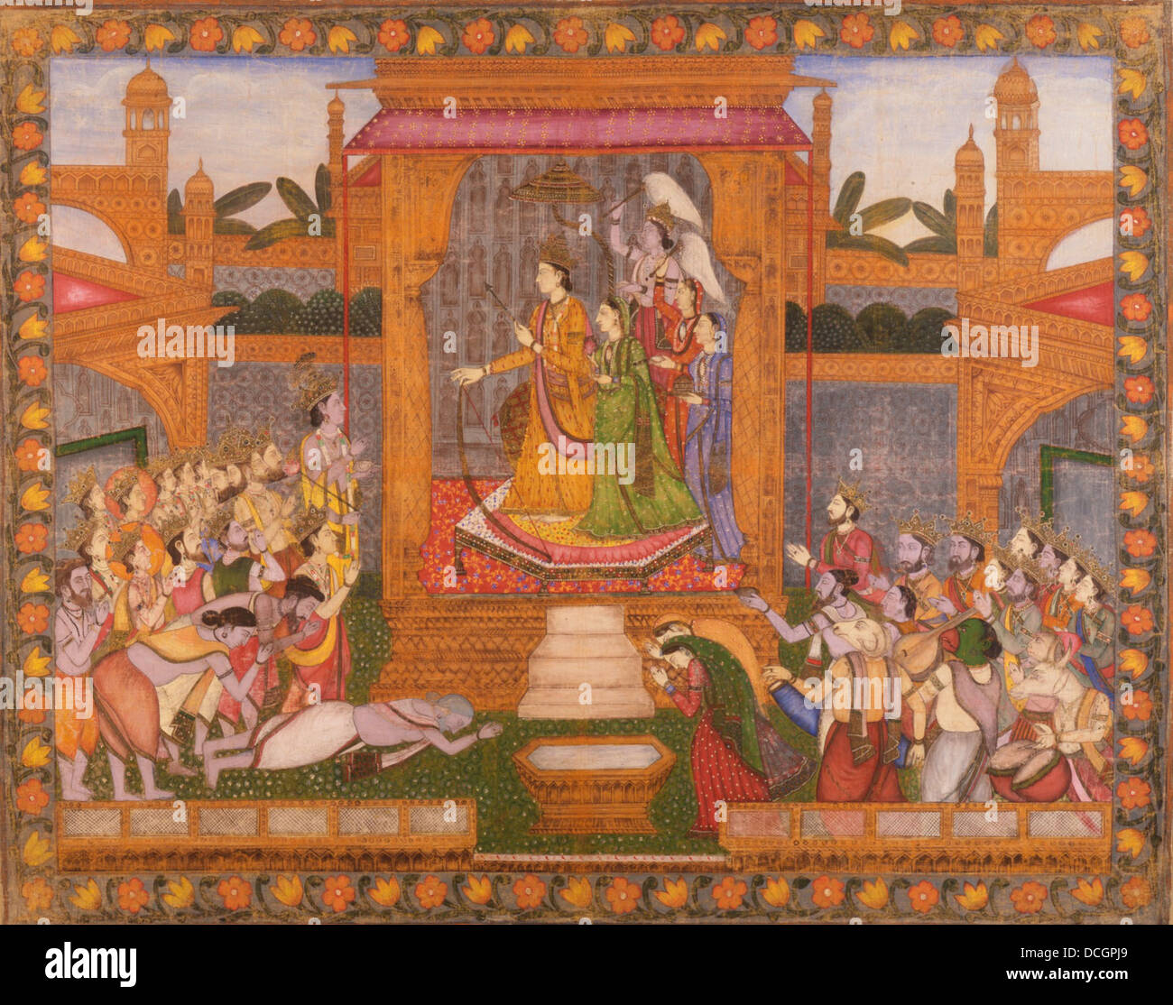 This artwork portrays the divine couple, Shiva and Parvati, seated in a ...