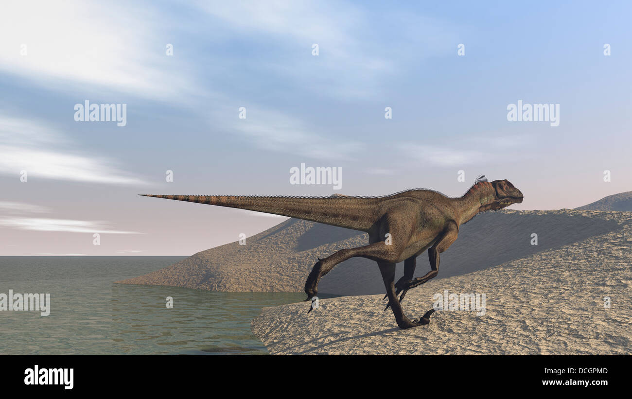 Utahraptor running along a bay Stock Photo - Alamy