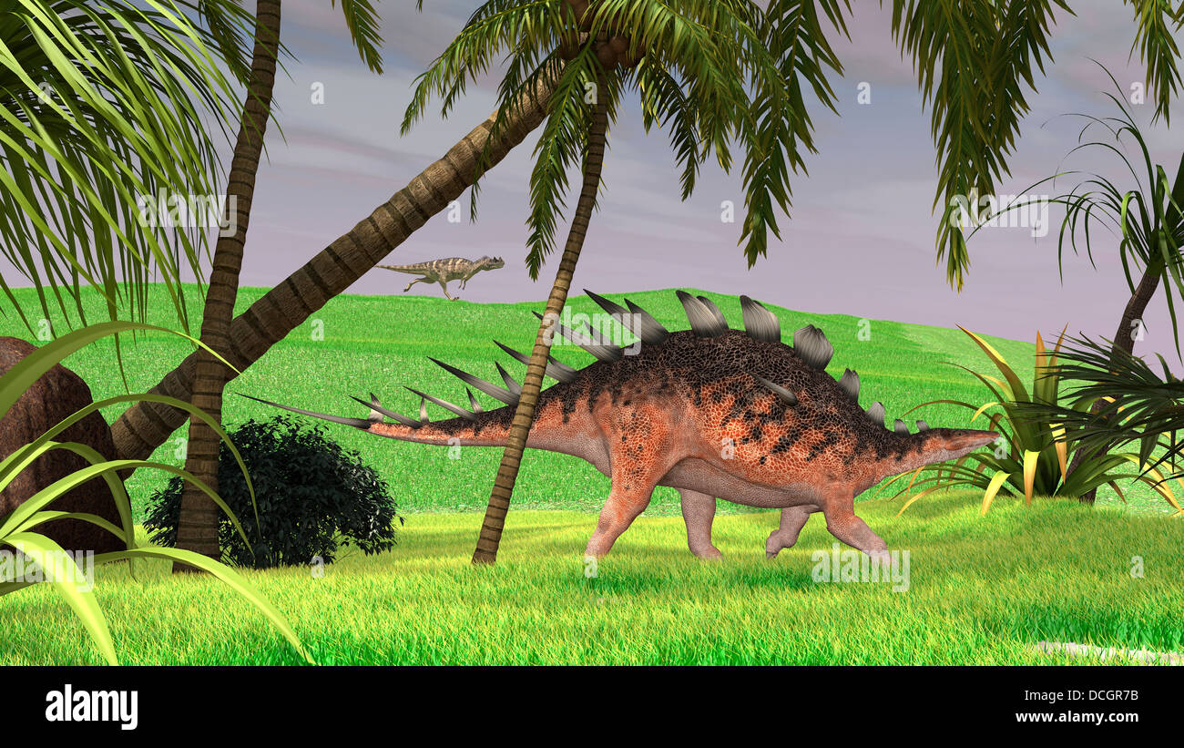 Kentrosaurus walking through a field, with a Ceratosaurus in background ...