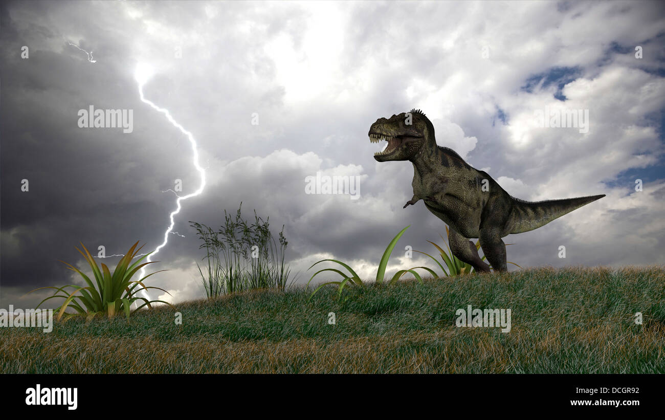 Tyrannosaurus Rex hunting in an open field during a lightning storm ...