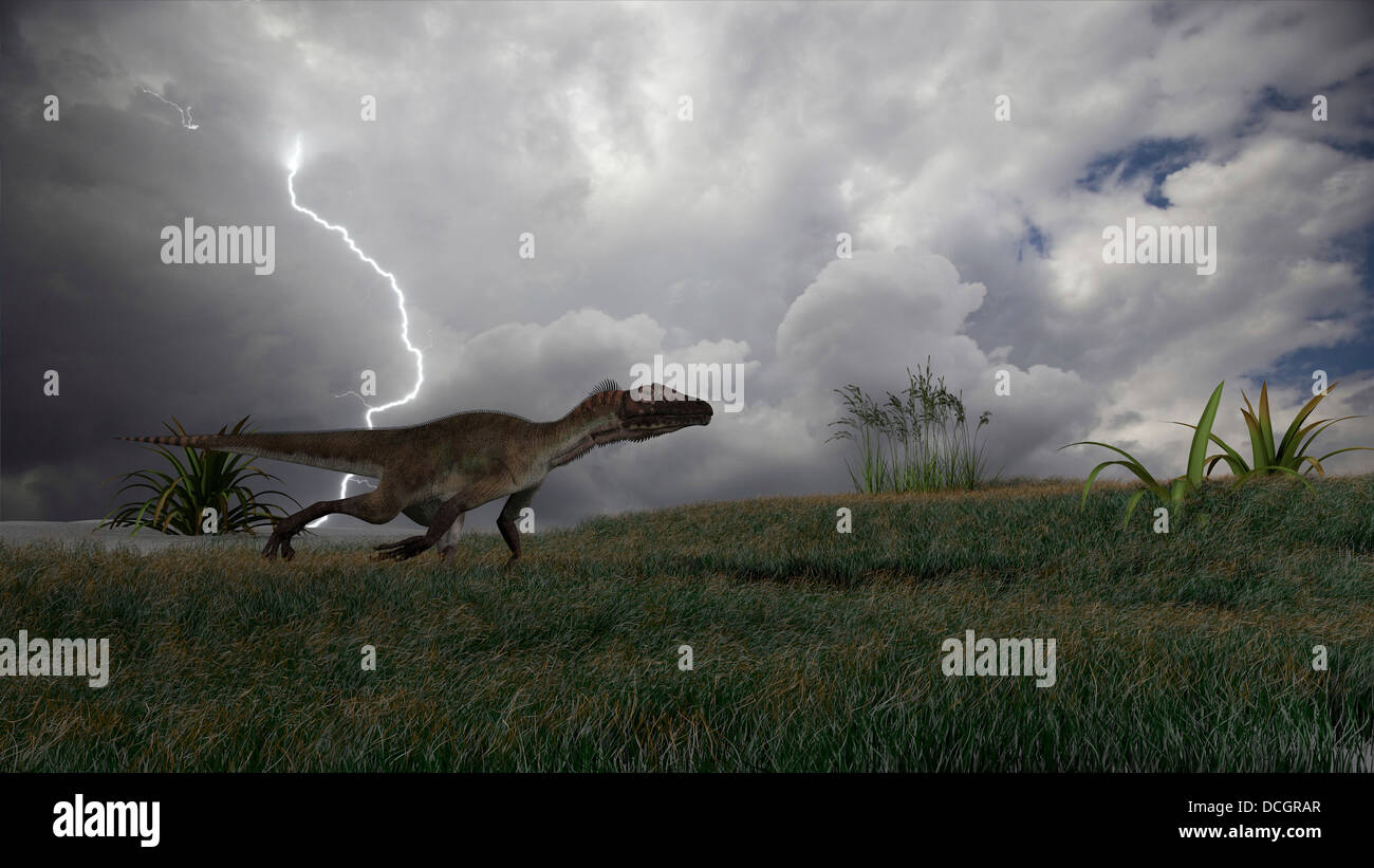 Utahraptor running across an open field during a lightning storm Stock ...