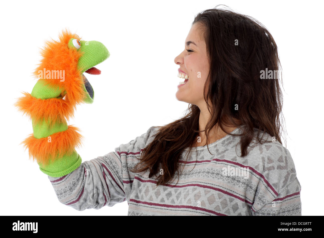 Model Released. Young Woman Holding a Glove Puppet Stock Photo - Alamy