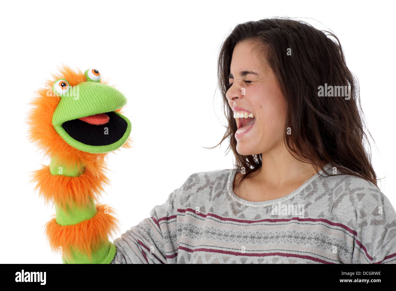 Model Released. Young Woman Holding a Glove Puppet Stock Photo - Alamy