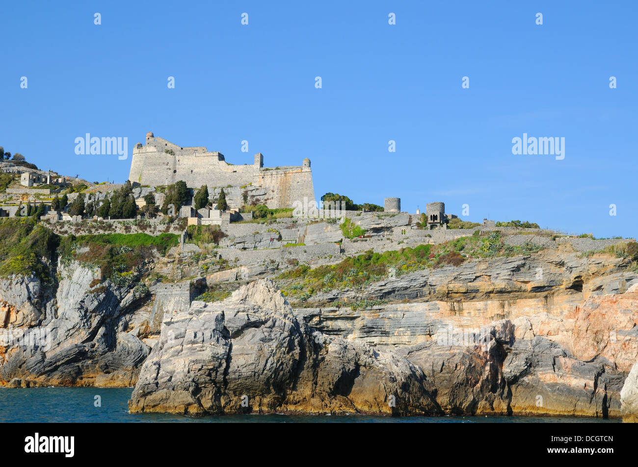 Medieval fortification near Portovenere and a cemetery, Italy Stock ...