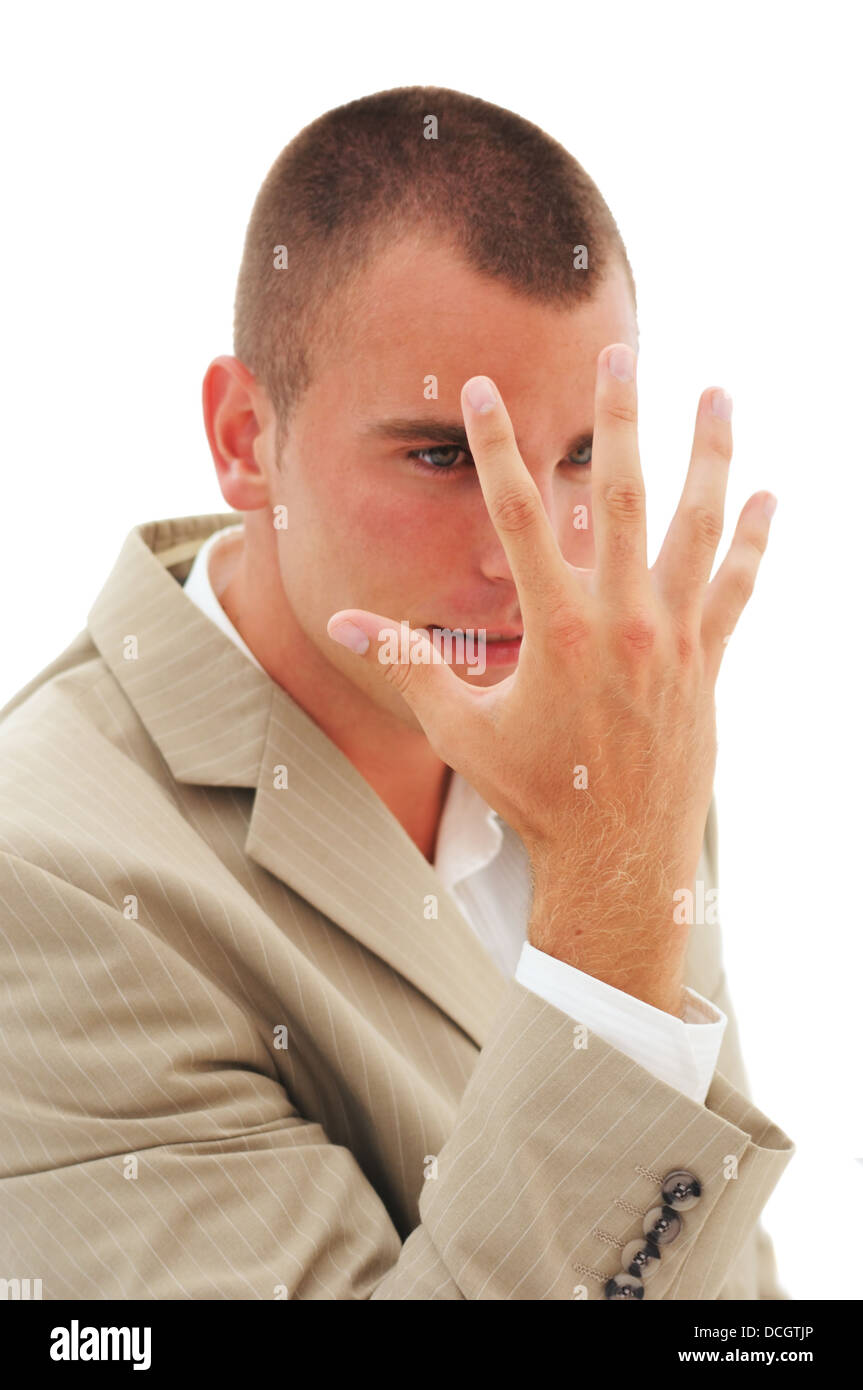 Stressed young man explains emotionally using body language. Isolated ...