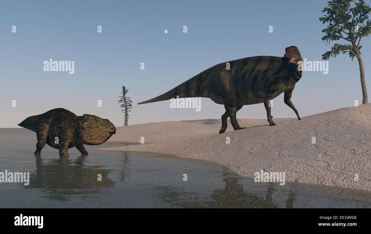 Udanoceratops and Shuangmiaosaurus roaming the shoreline Stock Photo ...