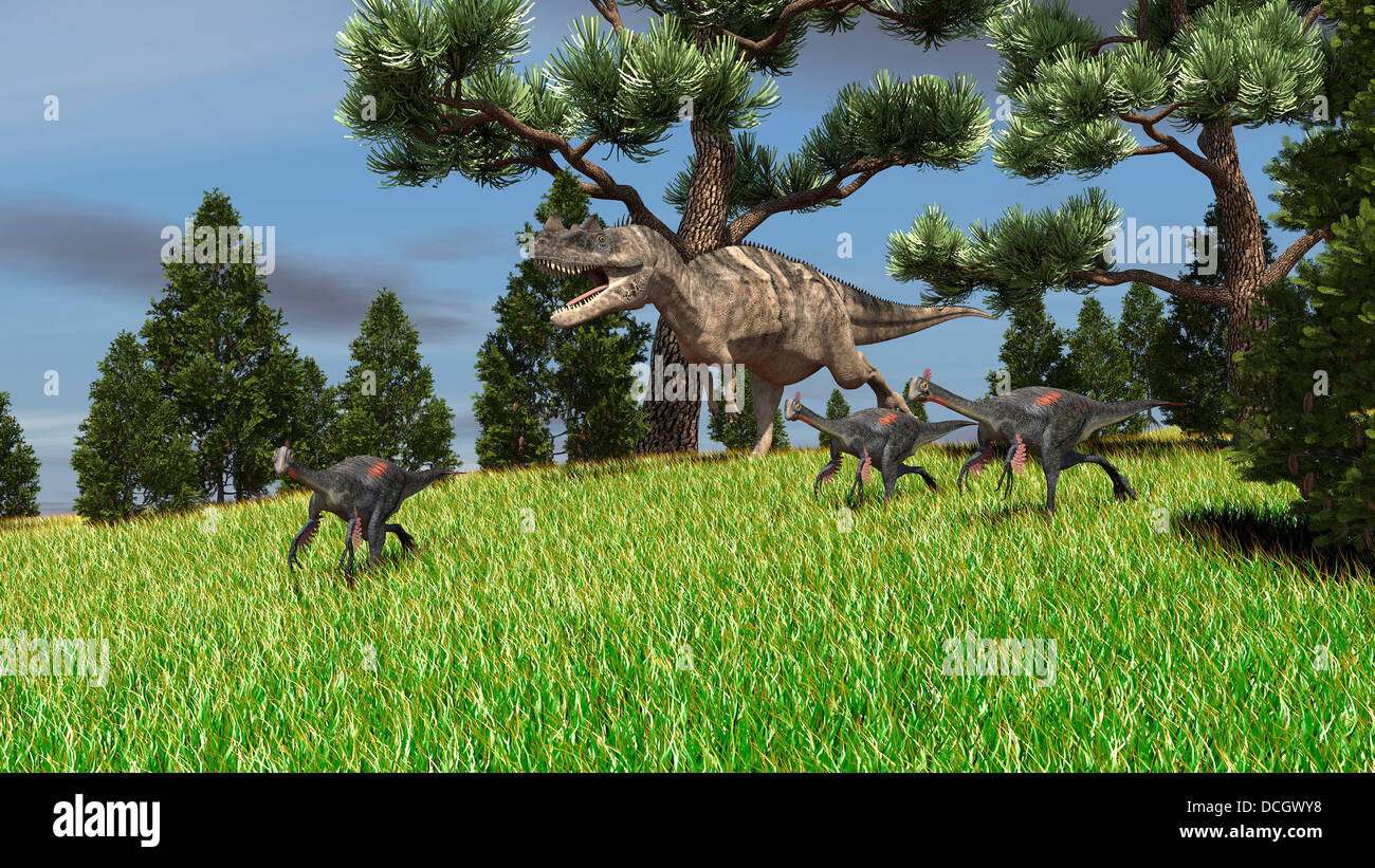 Ceratosaurus chasing a group of Gigantoraptors Stock Photo - Alamy