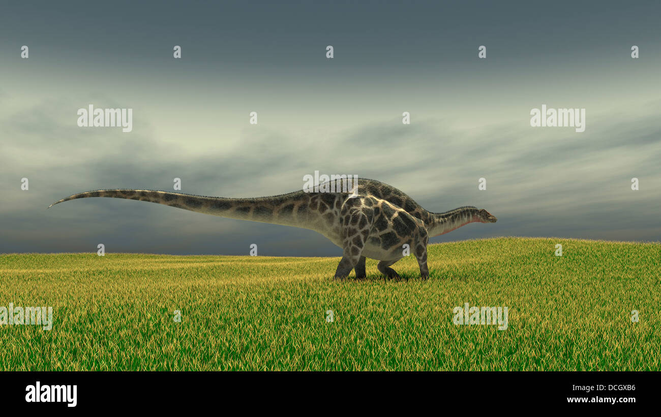Dicraeosaurus walking across a grassy field Stock Photo - Alamy