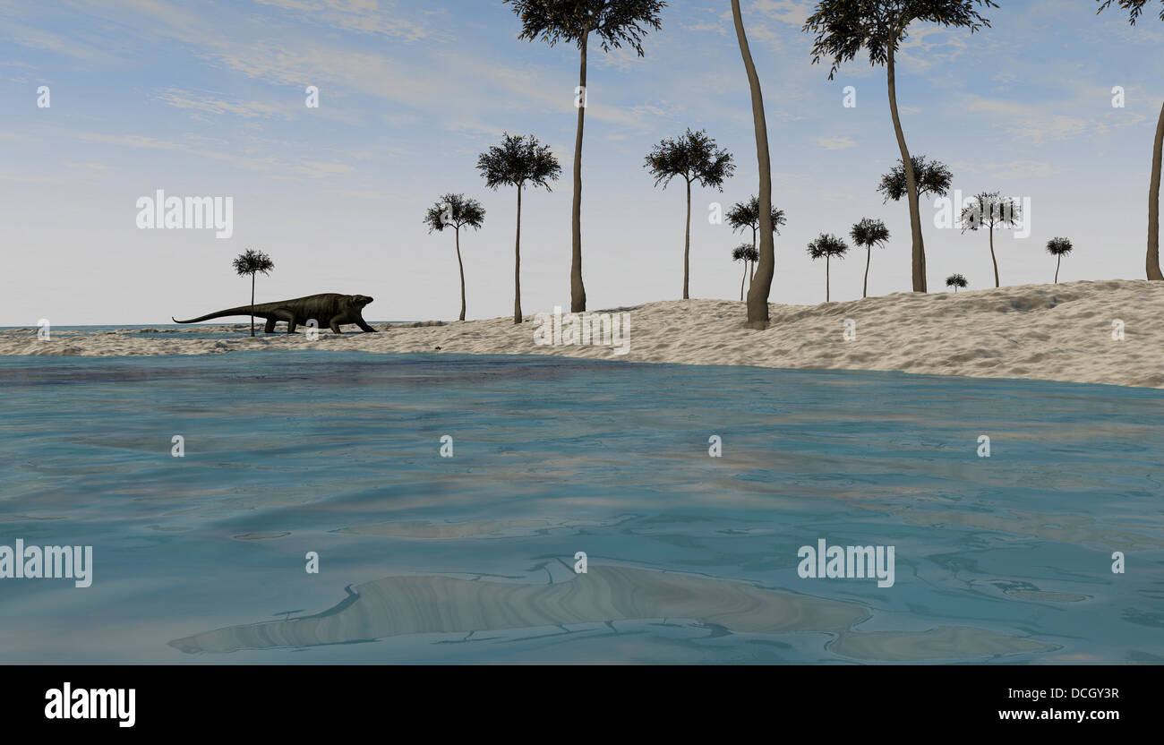 A Cotylorhynchus along the shores of a prehistoric environment Stock ...