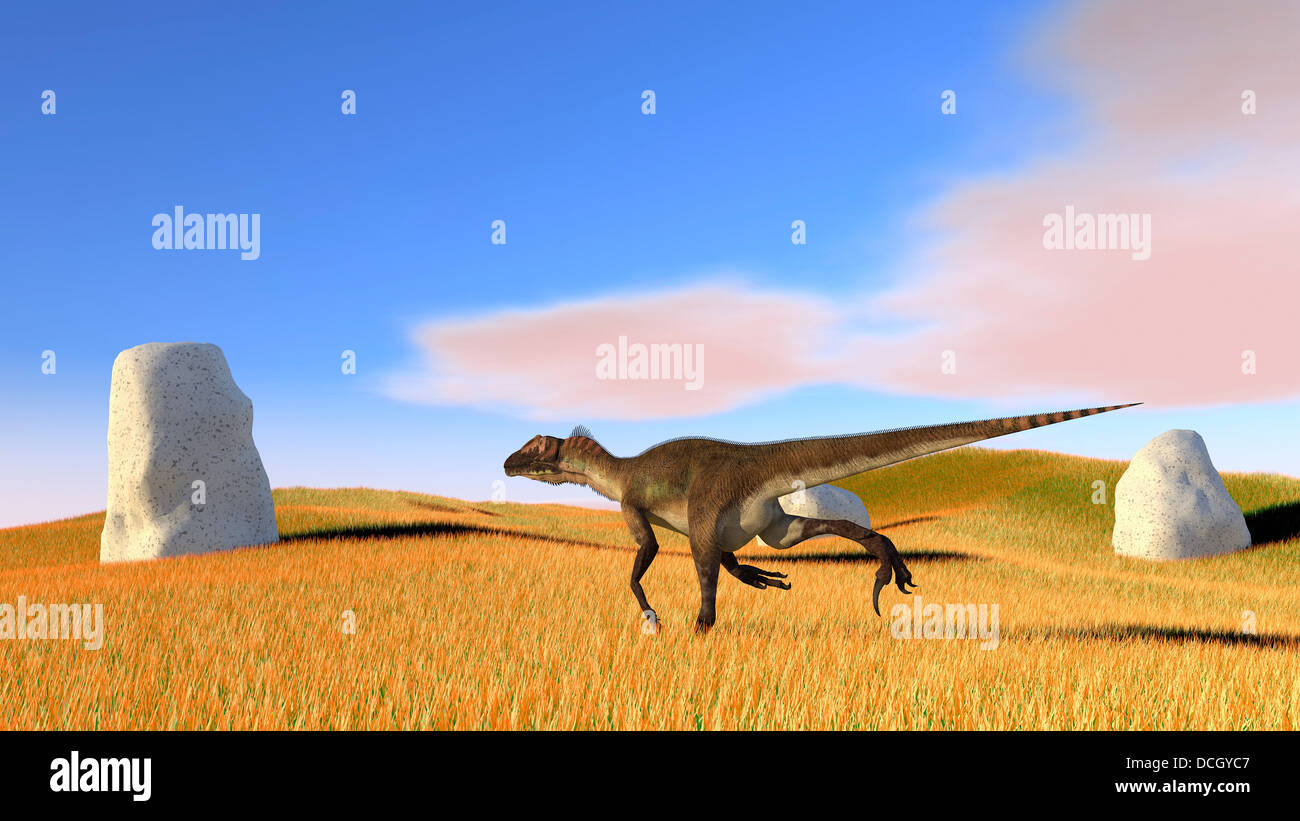 Utahraptor running across a grassy field Stock Photo - Alamy