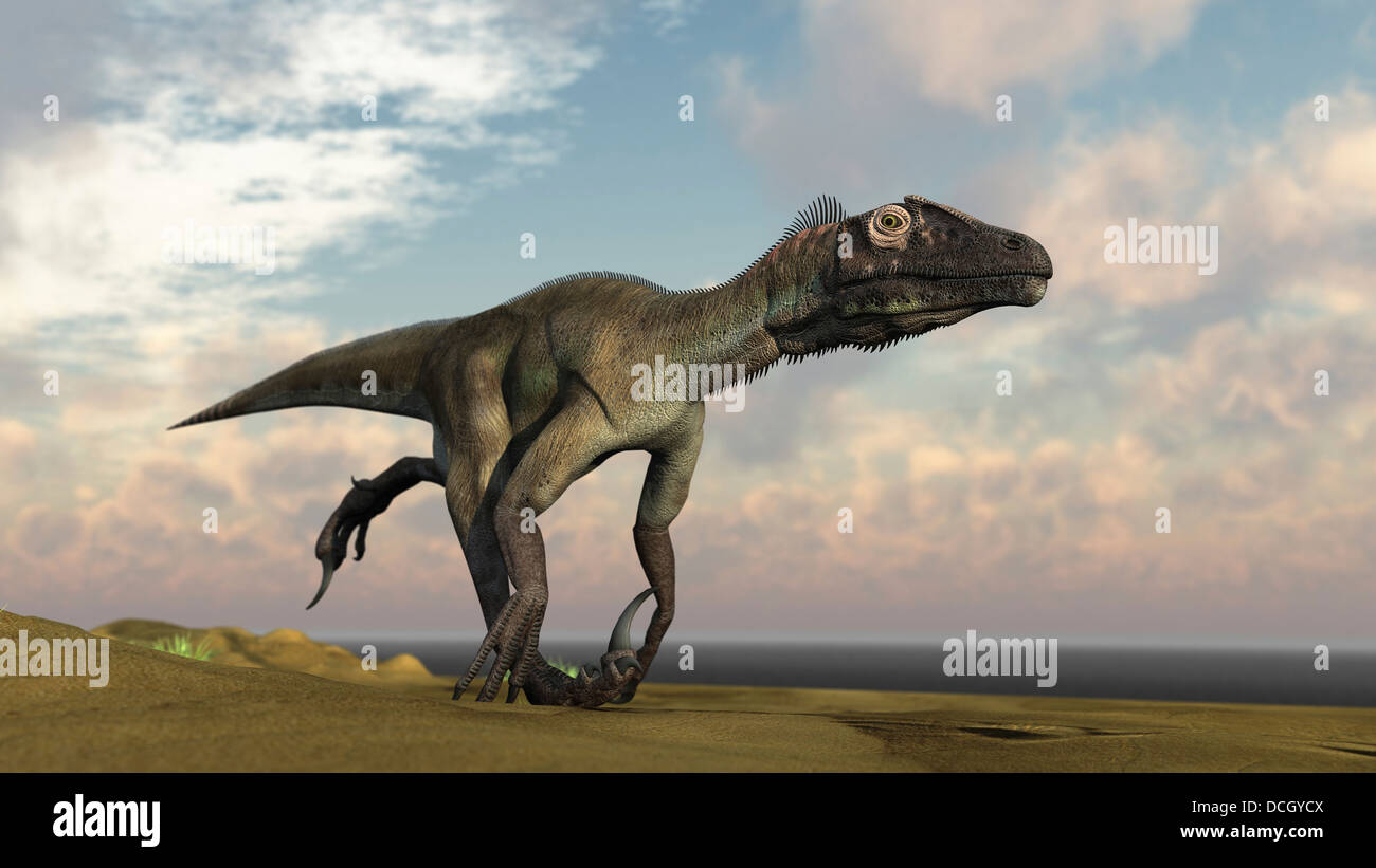 Utahraptor running across a barren desert Stock Photo - Alamy