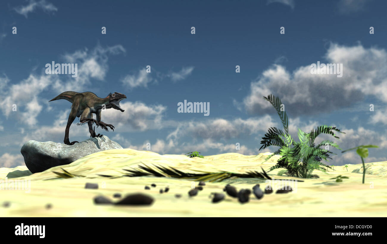 Utahraptor bellows a loud roar while standing atop a rock Stock Photo ...