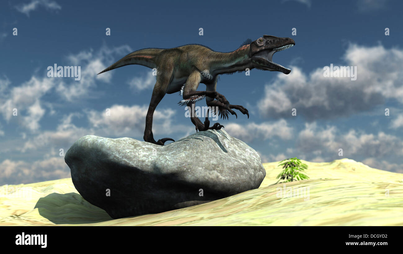 Utahraptor bellows a loud roar while standing atop a rock Stock Photo ...