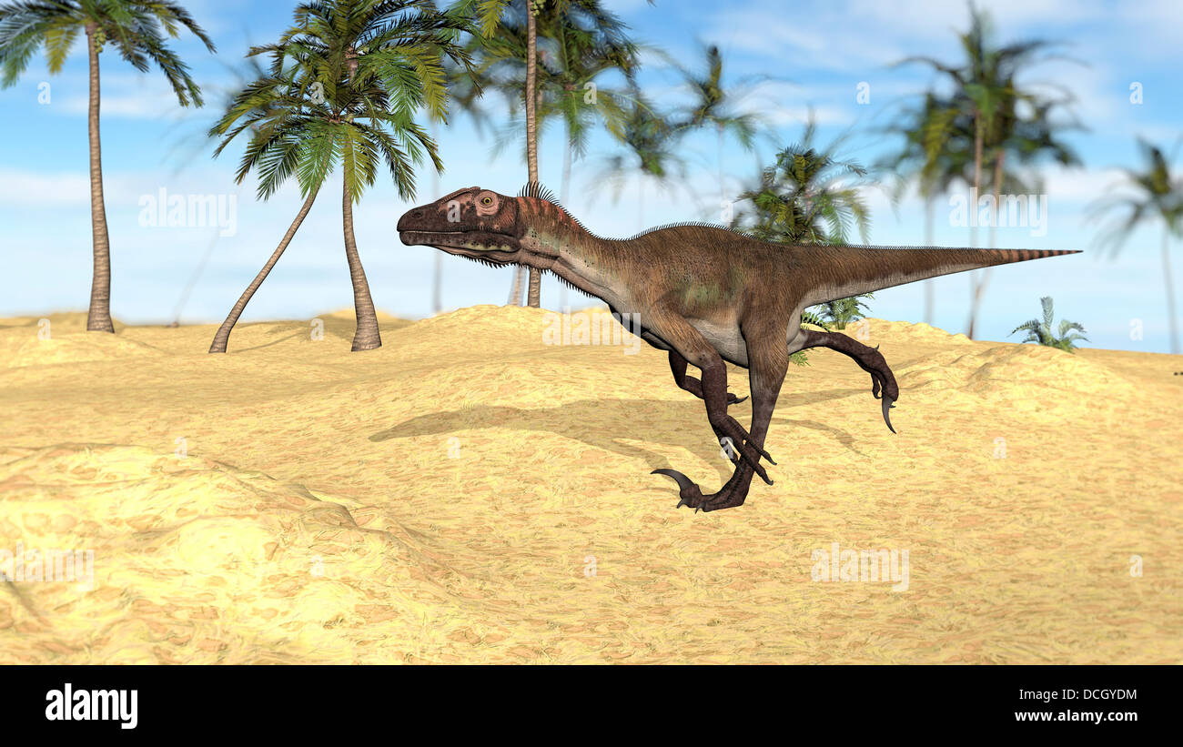 Utahraptor running across a barren landscape Stock Photo - Alamy