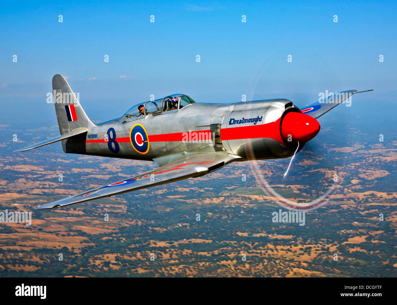 A Hawker Sea Fury T Mk.20 Dreadnought aircraft in flight over Ione ...