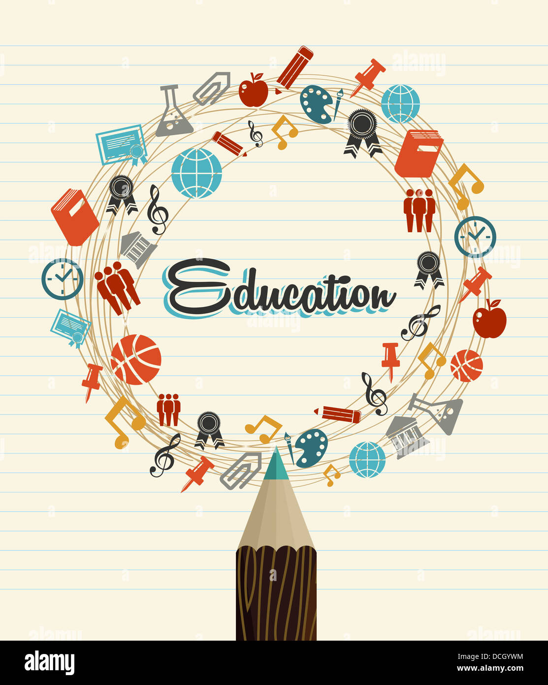 Back to School education global icons pencil over paper sheet ...