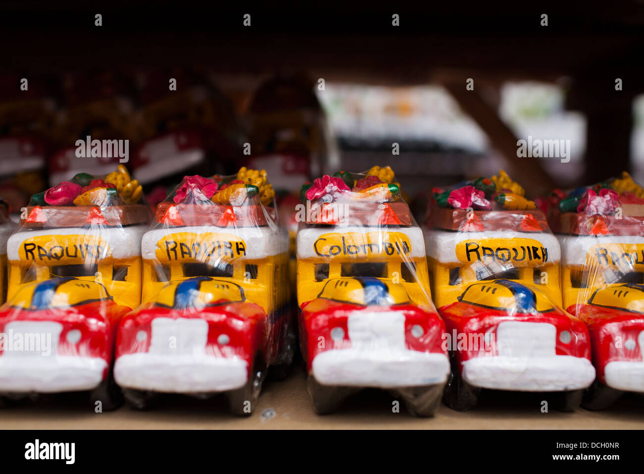 Funny chicken buses for sale in souvenir store in Raquira, in the ...