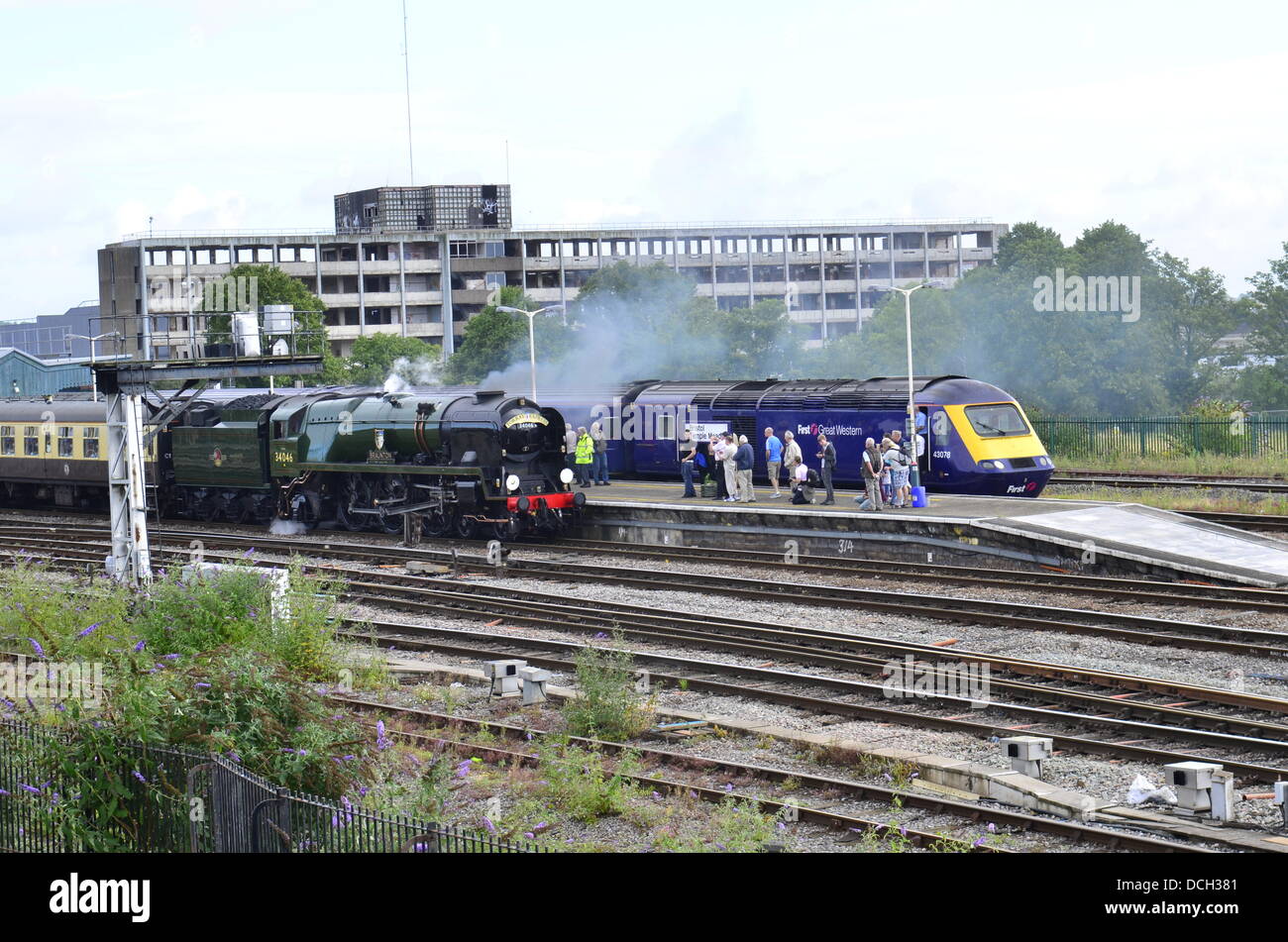 Torbay express steam train next to modern day diesel train hi-res stock ...
