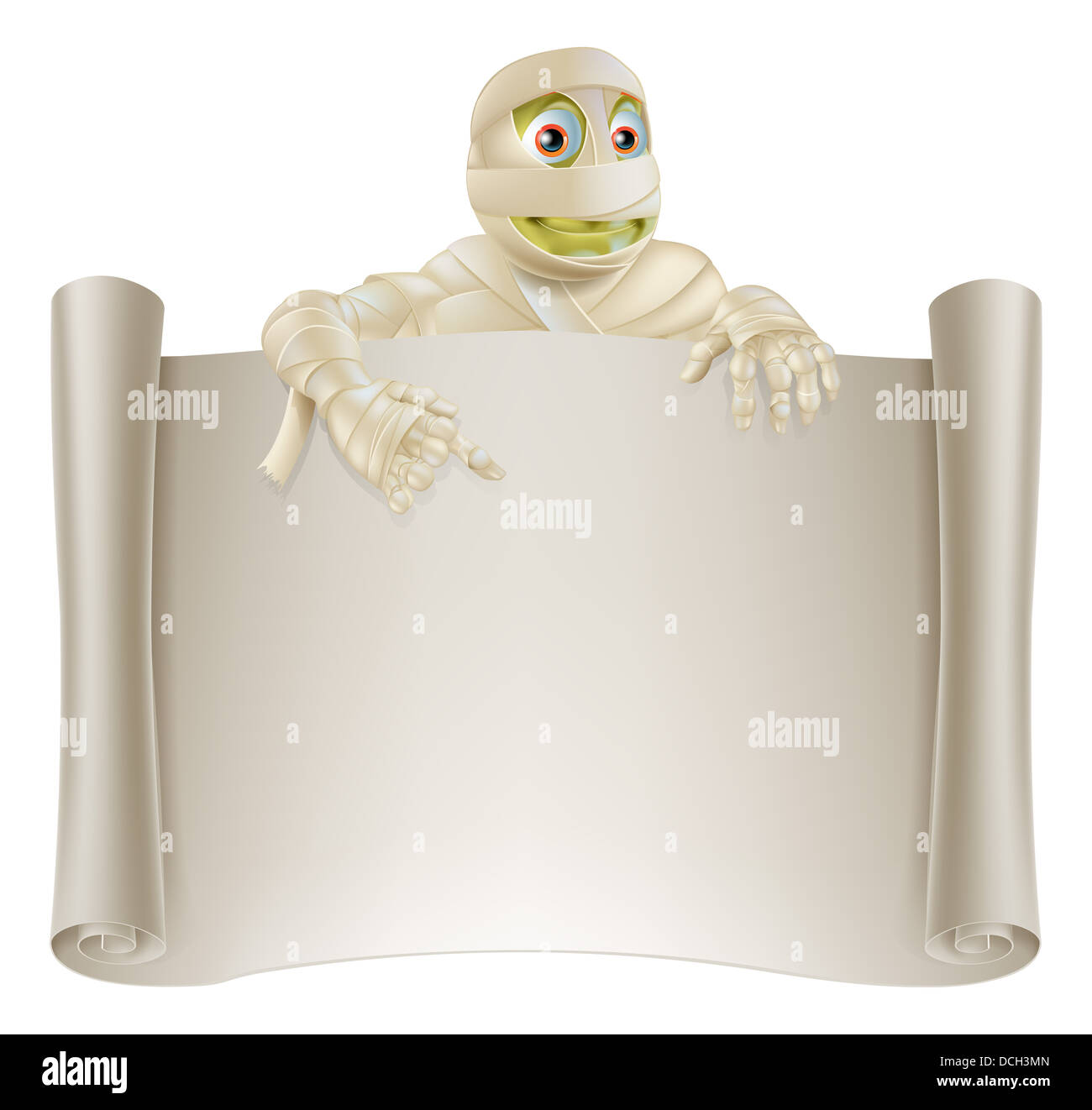An illustration of a Halloween mummy character on top of a scroll sign ...
