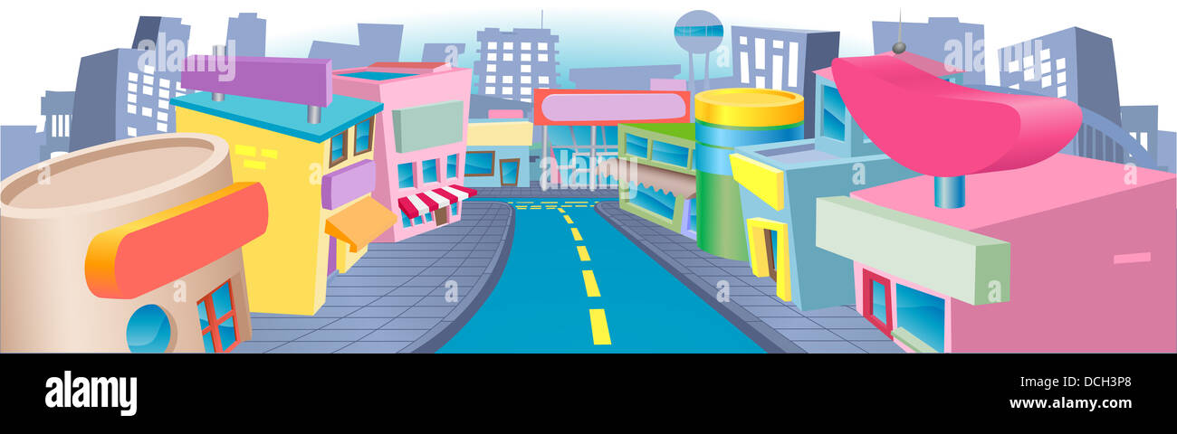 An illustration of a of cartoon shopping street with lots of ...