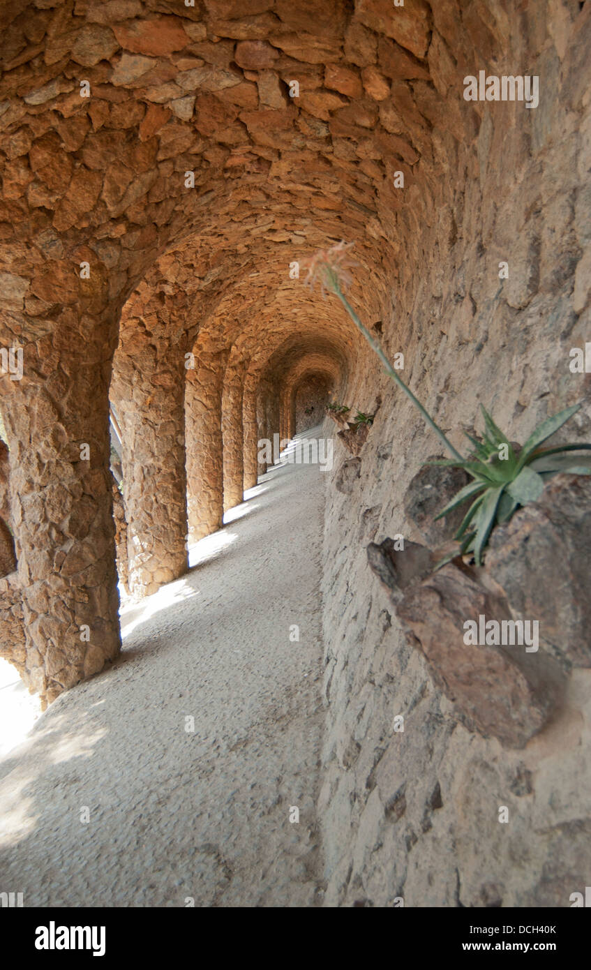 Colonnaded pathway at Antoni Gaudi's Park Guell, Barcelona, Catalonia ...
